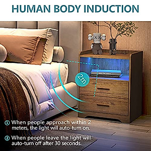 dnbss Brown Nightstand with Charging Station, Smart Bedside Table with 24-Color RGB LED Lights, Charging Nightstand for Bedroom, Modern End Side Table for Living Room Office