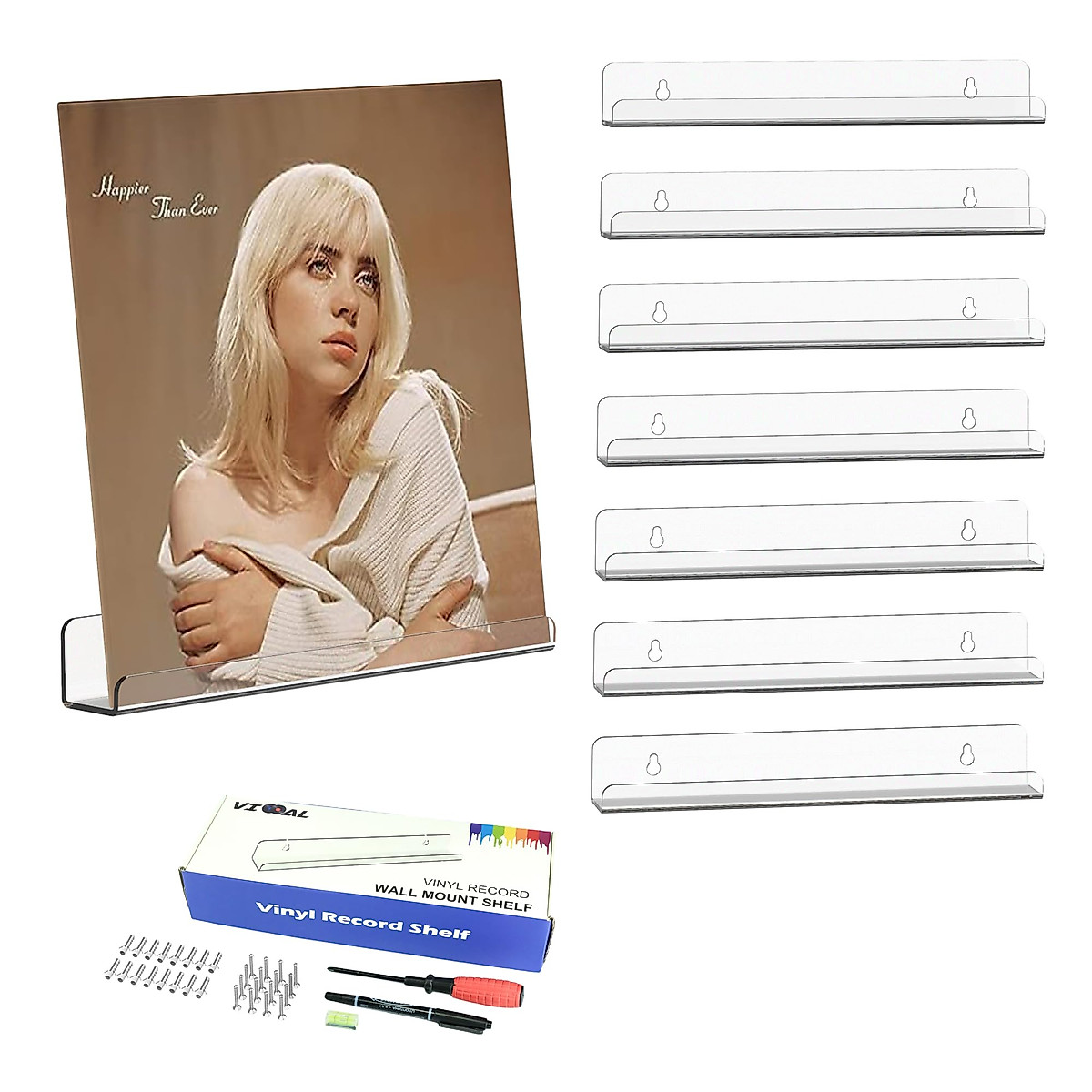 VIOOAL 12'' Vinyl Record Wall Mount, 8 Pack Vnyl Shelves,Record Wall Display(Clear)