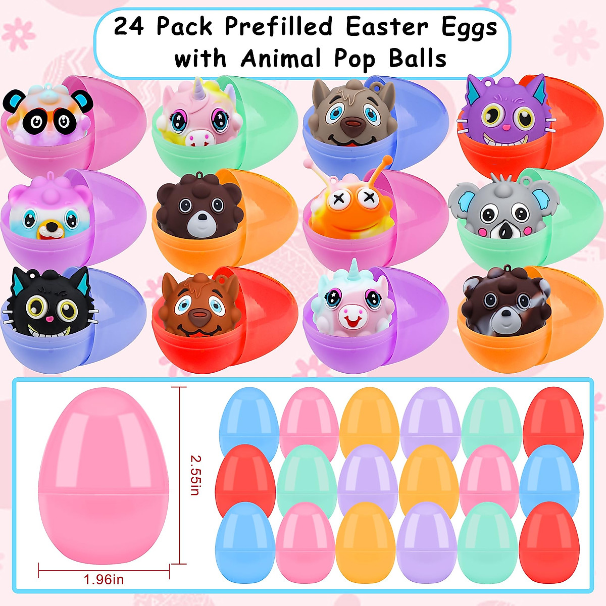 24 PCS Prefilled Easter Eggs with Toys Inside, Jumbo Easter Eggs Filled Pop Balls Perfect for Easter Egg Hunt Easter Baskets Stuffers for Kids Easter Gifts Easter Party Favors