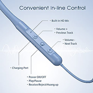 Ayaeri Bluetooth 5.0 Neckband Headphones Wireless Earbuds with Microphone Comfortable Ergonomic Design Auto Pairing 12H Playtime Sound with Stereo Bass for iPhone & Android (Blue)