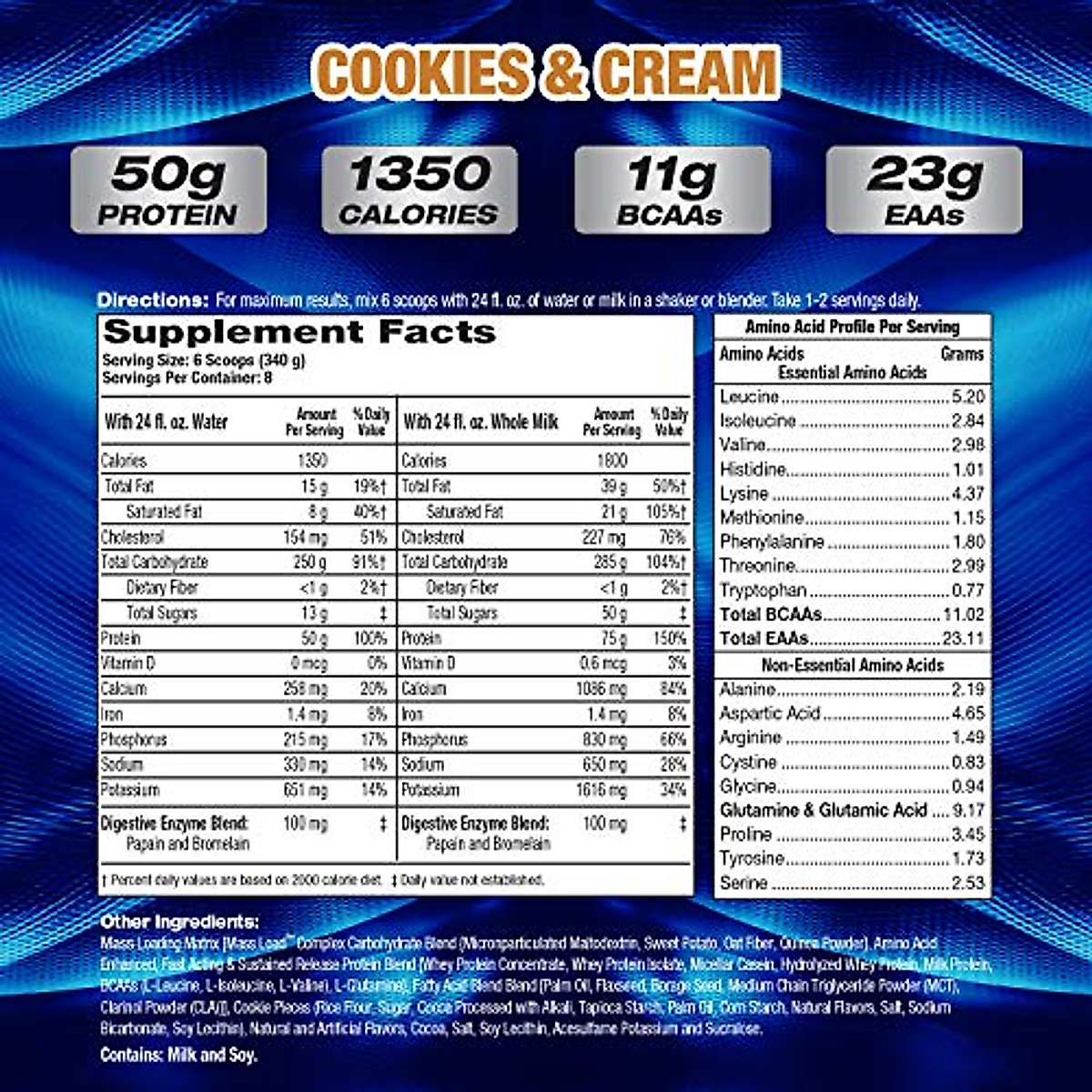 Maximum Human Performance MHP UYM XXXL 1350 Mass Building Weight Gainer, Muscle Mass Gains, w/50g Protein, High Calories, 11g BCAAs, Leucine, Cookies & Cream, 8 Servings, 6lb