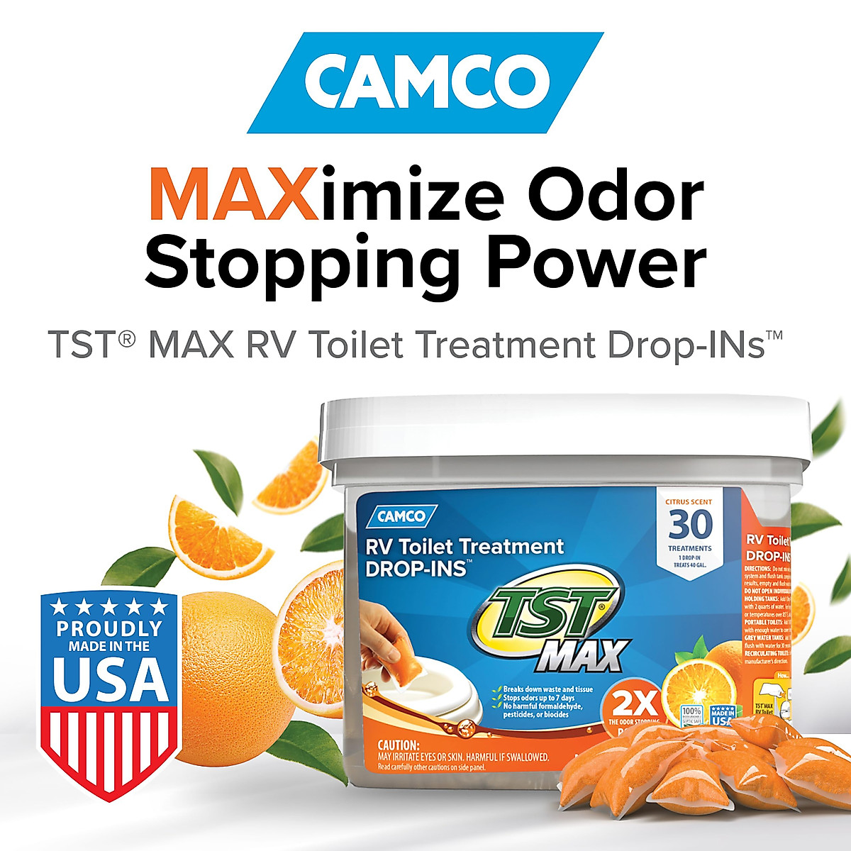 Camco TST MAX Camper/RV Toilet Treatment Drop-INs - Control Unwanted Odors & Break Down Waste and Tissue - Safe Septic Tank Treatment - Orange Scent, 30-Pack (41183)