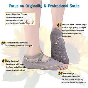KEBABO Yoga Socks for Non-Slip Women Sock Sox Five Toe with Grips Toeless One Size 2 Pairs 6-10 Black