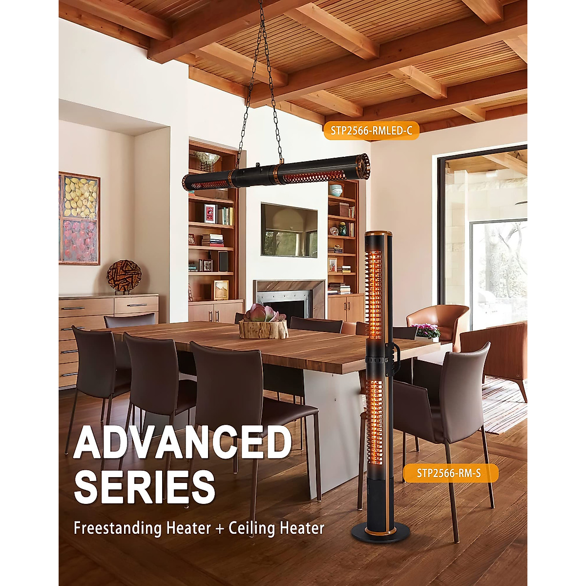 Star Patio Electric Patio Heater, Hanging Patio Heater, Ceiling Outdoor Heater with Remote, 750/1500W Infrared Heater with Cylinder Shape, Sectional & Silent Heating, IP54 Waterproof, STP2566-RMLED-C