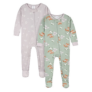 Gerber Baby Girl's 4-Pack Footed Pajamas, Roses and Fox, 12 Months