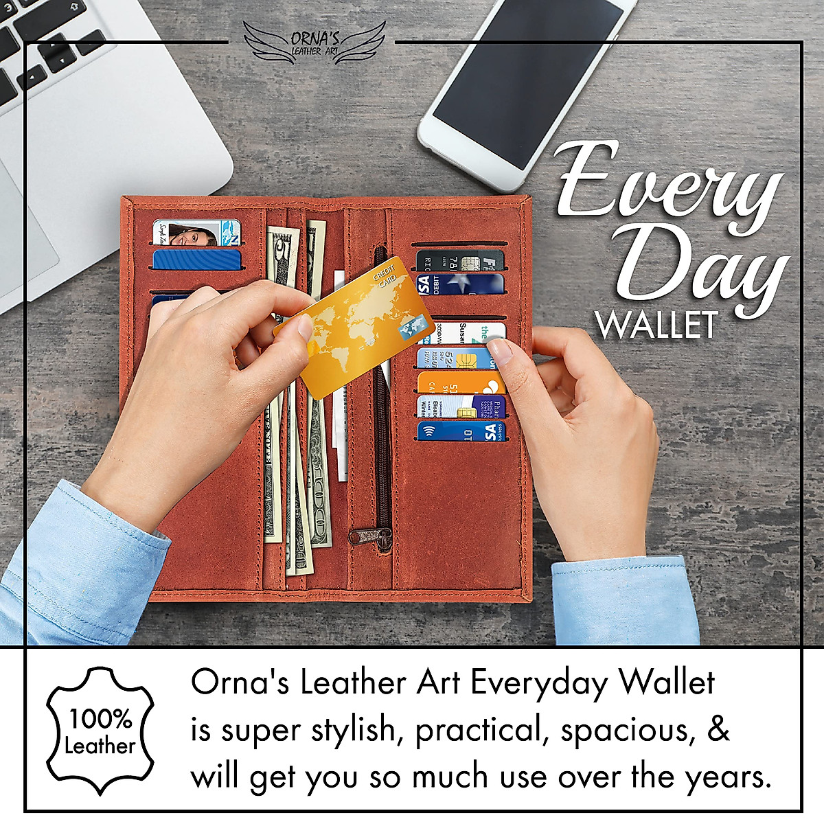 ORNA'S LEATHER ART GOLDFINCH COGNAC WALLET: Women’s Brown Billfold, Stylish, Handcrafted, Real Cowhide, Spacious, 18 Card Holders, 6 Money Pockets,