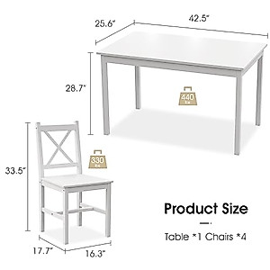 Alohappy Dining Table Set for 4, 5 Piece Kitchen Table Set with 4 Chairs Pine Wood Dining Table Rectangle Breakfast Table and Chairs for Small Space, Space-Saving & Easy Assembly (White)