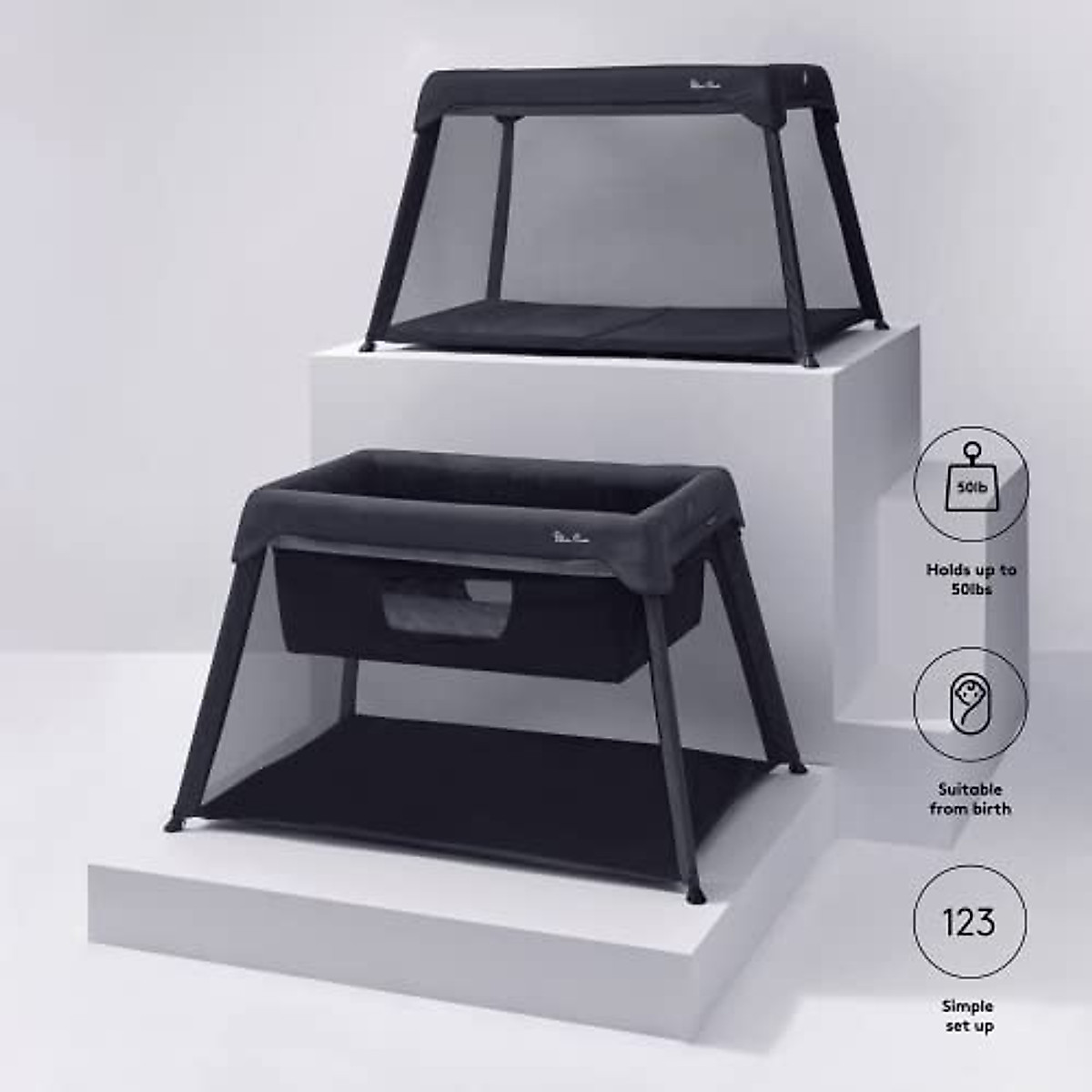 Silver Cross Slumber 3 in 1 Travel Crib in Black - Multi Use, Converts from Bassinet to Crib to Playard - Portable, Lightweight, Easy to Pack with Comfortable Mattress, for Infants to Toddlers