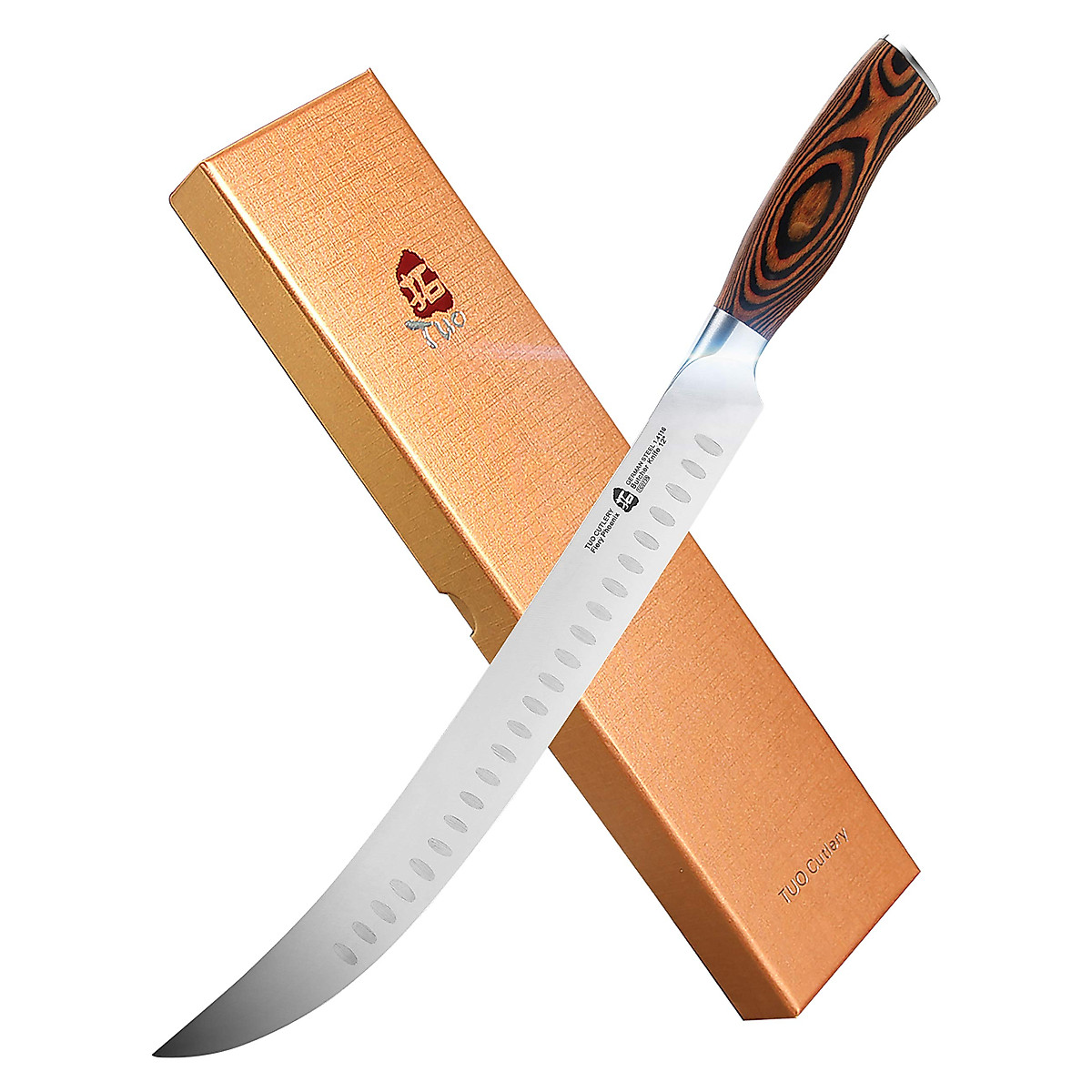 TUO Butcher Knife - 12 Inch Breaking Butcher s Knives Curved Granton Edge Carver Slicing Knife Long Meat Veggies Cleaver - German HC Steel Comfortable Pakkawood Handle - Fiery Series Gift Box Included