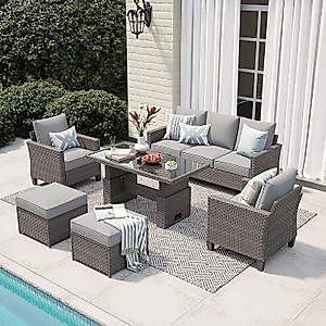 SUNSITT Patio Furniture Set 6-pcs Outdoor Furniture Conversation Sets with Lift Dining Table Wicker Patio Furniture Outdoor Couch Grey Rattan Light Grey Cushions for Garden, Backyard, Lawn