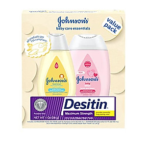 Johnson's Baby Care Essentials Gift Set, Baby Skincare Set with Body Wash & Shampoo, Body Lotion, & Zinc Oxide Diaper Rash Paste for Baby's Delicate Skin, Value Pack, Travel-Size, 3 items