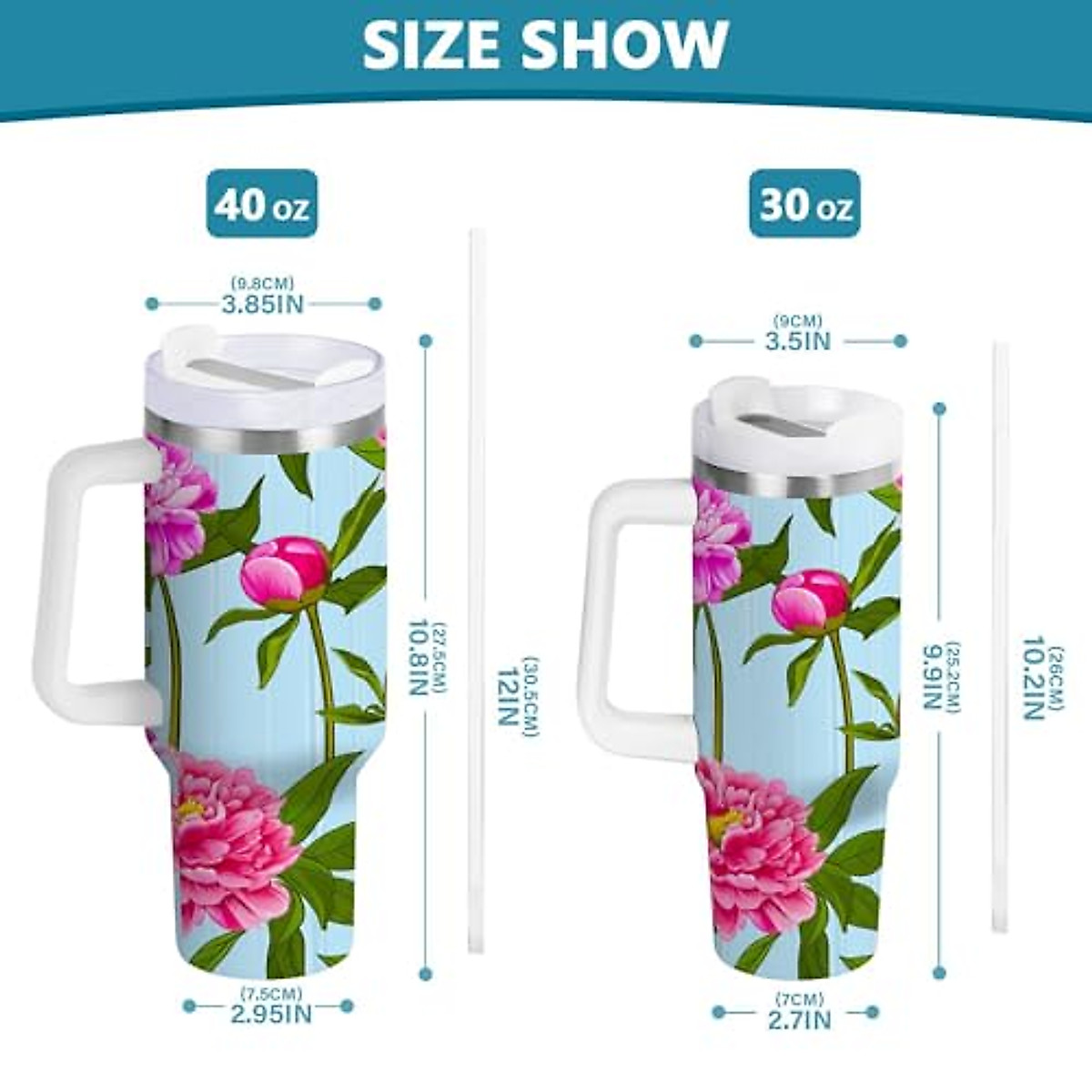 RPLIFE Pink Peonies Light Blue Stainless Steel Coffee Mug, Insulated Tumbler, Tumbler for Men
