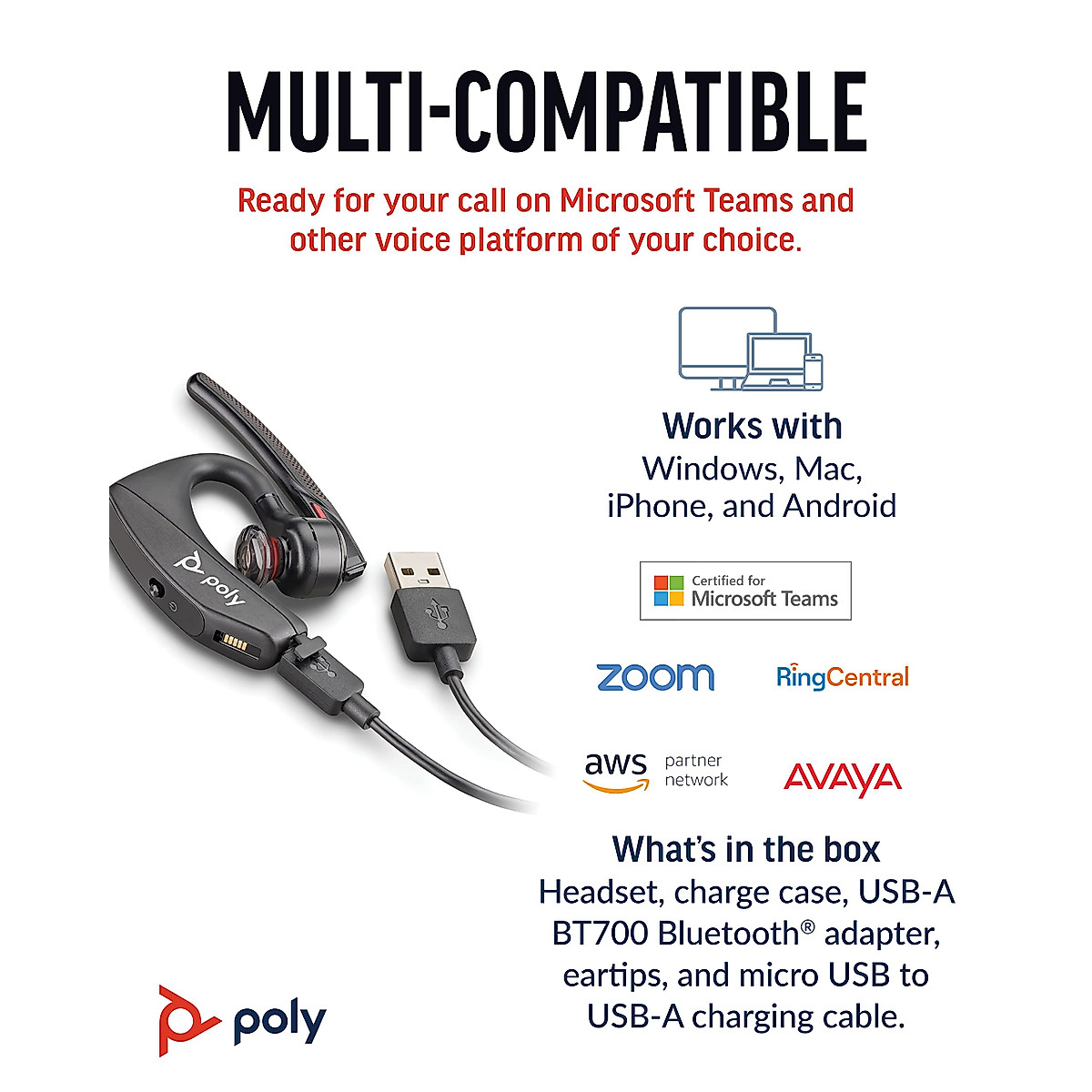 Plantronics - Voyager 5200 UC (Poly) - Bluetooth Single-Ear (Monaural) Headset - USB-A Compatible to connect to your PC and/or Mac - Works with Teams, Zoom & more - Noise Canceling,Black