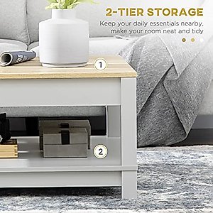 HOMCOM Coffee Table, 2 Tier Center Table with Storage Shelf and Wood Textured Top, Square Living Room Table, Light Gray