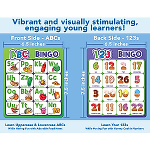 Party Hearty Alphabet and Number, ABC and 123 Bingo Board Game for Kindergarten and Preschool Kids Learn to Read Fun 2 Versions for Ages 4 and Up (Food Edition)
