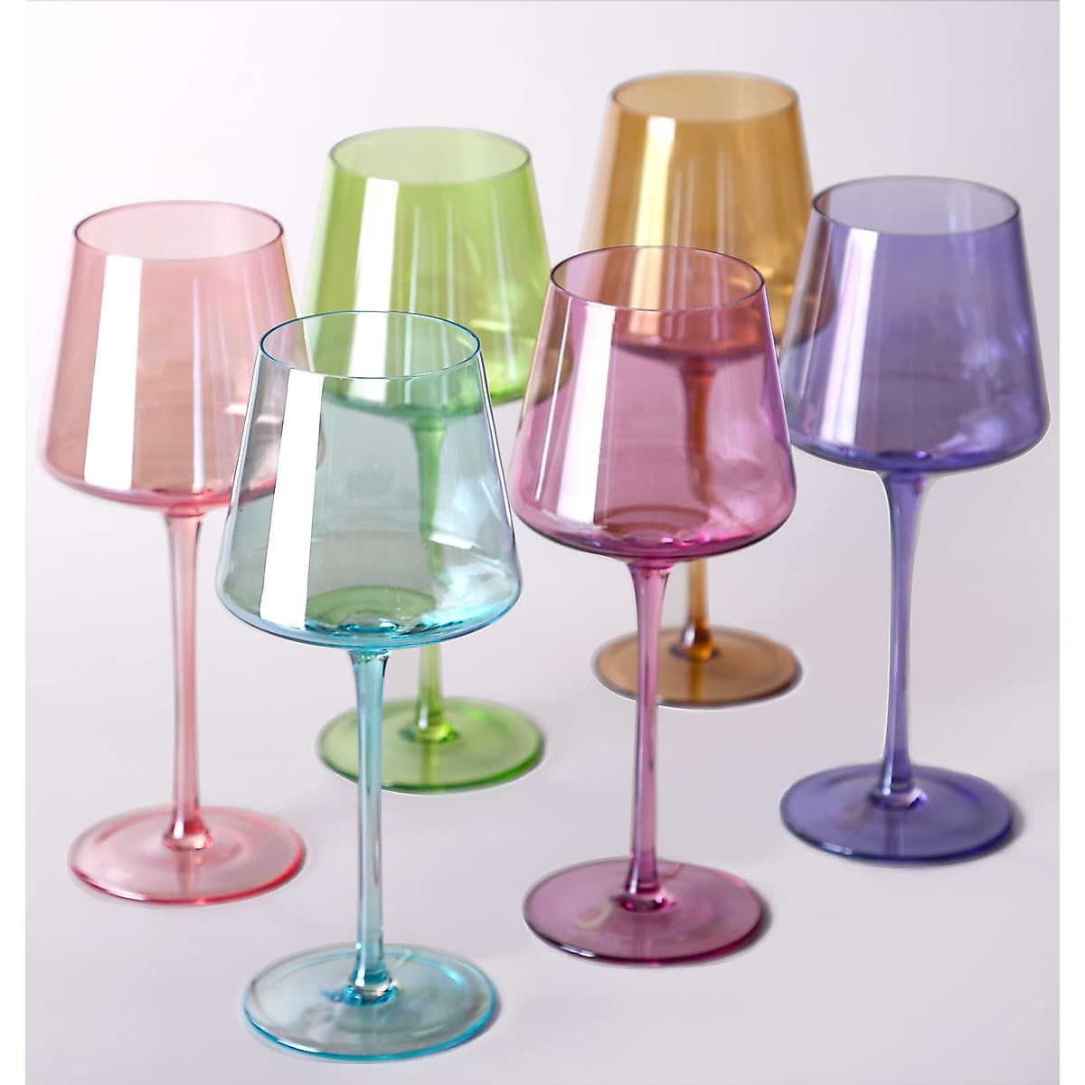 comfit Colored Wine Glasses set of 6-Crystal Colorful Wine Glasses With Long Stem,Square wine glasses with flat bottom,Ideal for full-bodied wine,Wine gifts for wedding,housewarming18OZ