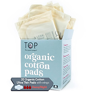 TOP the organic project: Ultra Thin Super (Night) Absorbent Pads w/Wings - Certified 100% Organic Cotton | Non-Toxic, Biodegradable (Natural Sanitary Napkin, Breathable, Unscented), 20 Ct