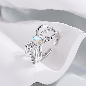 OIDIMS Moonstone Spider Sterling Silver Plated Open Statement Rings Crystal Adjustable Eternity Wedding Open Ring Fashion Dainty for Women Men Halloween Cocktail Party Biker Jewelry