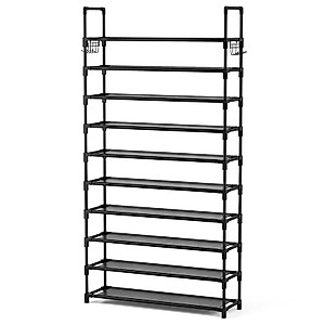 VTRIN 10 Tiers Shoe Rack Tall Large Capacity 50 Pairs Wide Shoe Organizer Sturdy Shoe Shelf for Entryway with Two Hooks Metal Shoe Storage for Closet, Bedroom, Black