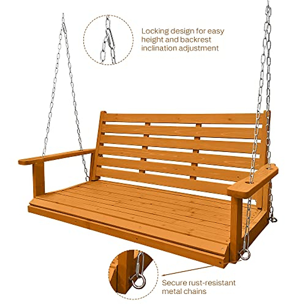 Wooden Porch Swing, Ergonomic Seat, Bench Swing with Hanging Chains and 7mm Springs, Heavy Duty 800 LBS, for Outdoor Patio, Garden, Yard (Golden Honey)