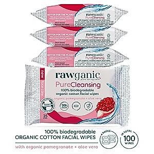 Rawganic Anti-aging Hydrating Facial wipes, Fragrance-free Biodegradable Organic Cotton Wipes with Pomegranate and Aloe Vera (set of 4)