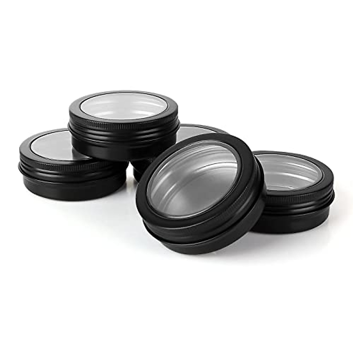 DAJAVE 30 Pack 2 Ounce Round Tin Cans, Black Round Tins Screw Lids Tin Cans with Clear Window, Metal Tin Containers Empty Tin Cans for Storing Spices, Candies, Candles, Gifts