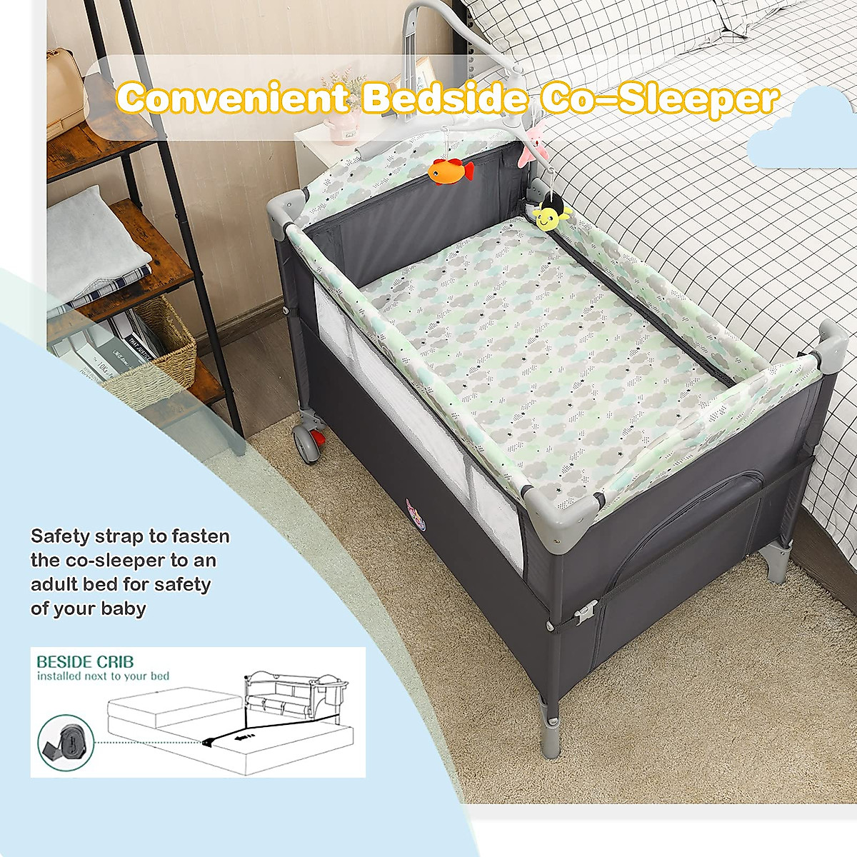 HONEY JOY Pack and Play with Bassinet, 5-in-1 Baby Bedside Sleeper w/Diaper Changing Table & Storage Bag, Toy Arch & Music Box, Detachable Side Rail, Portable Baby Play Yard w/Carry Bag(Gray)