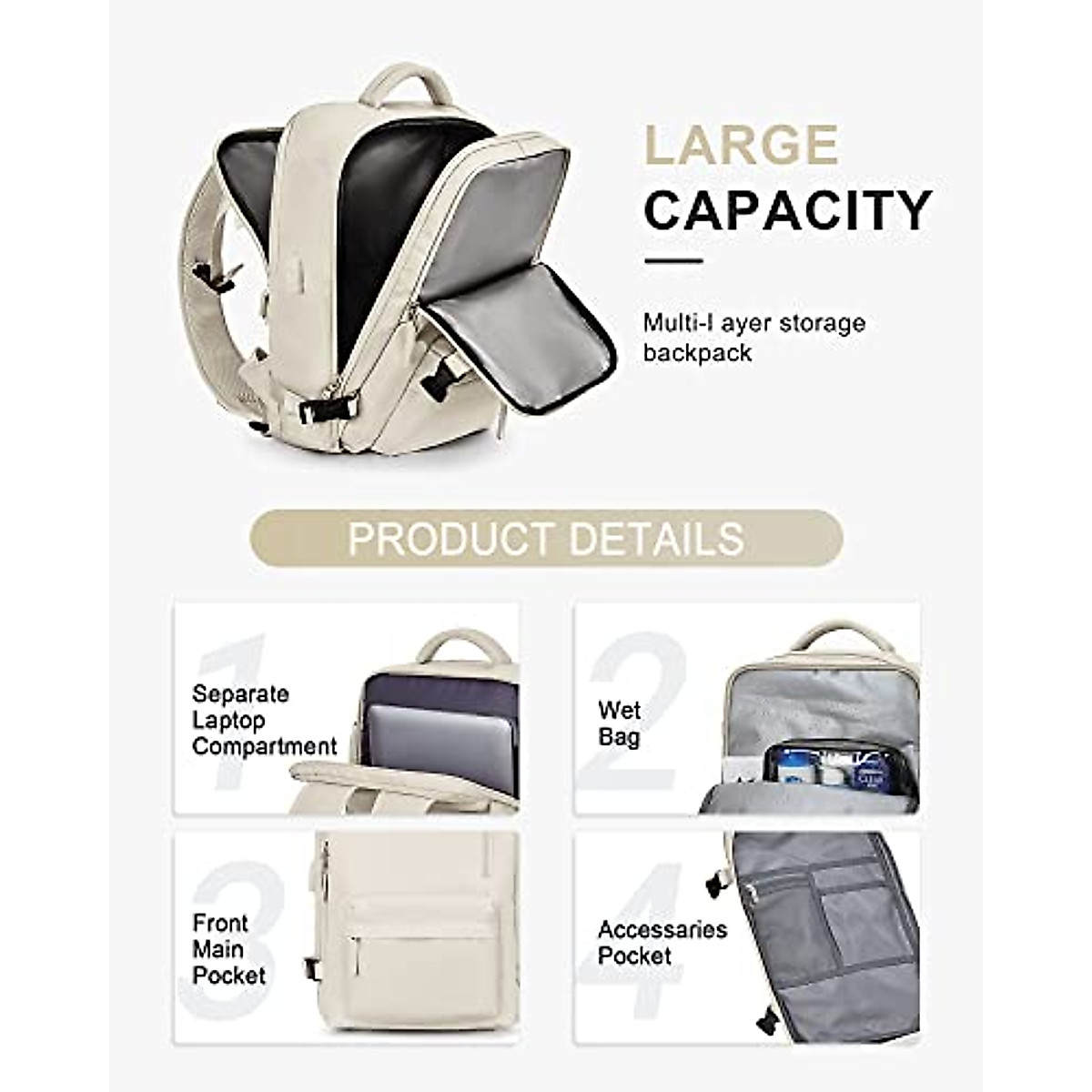 VECAVE Large Carry On Backpack for Women,Airline Approved Travel Backpack Flight Approved,Waterproof 15.6 Inch Laptop Backpack with Shoe Compartment Casual Daypack Backpacks Beige