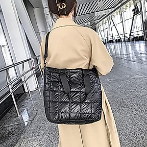 Large Quilted Tote Bag with Zip for Women Lightweight Winter Down Cotton Padded Plaid Shoulder Bags Quilted Bags Down Padding Handbags