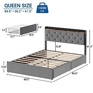 IDEALHOUSE Velvet Upholstered Queen Size Platform Bed Frame with 4 Storage Drawers, Storage Headboard with Charging Station, Mattress Foundation with Wooden Slats Support,No Box Spring Needed, Gray