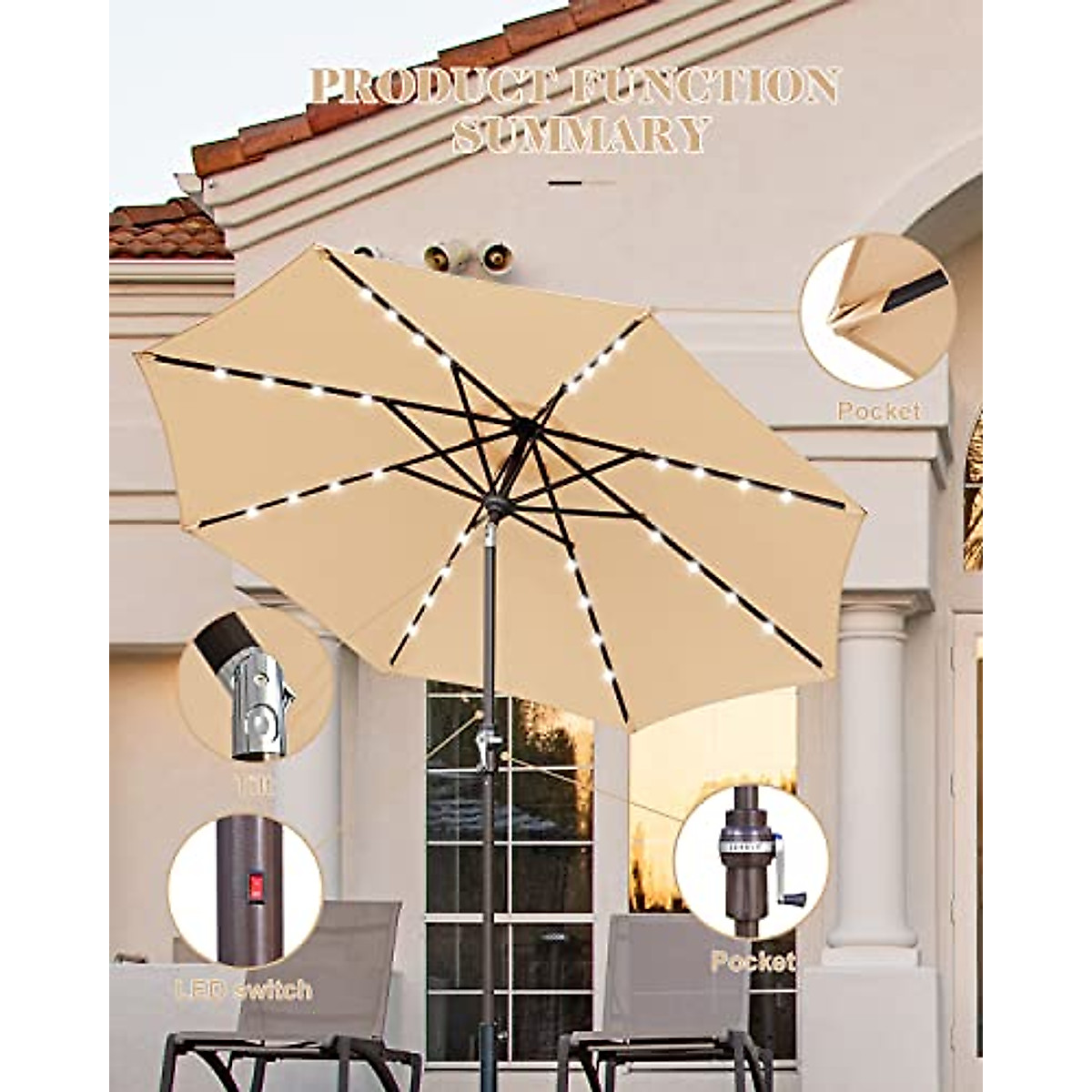 Zersun 9FT Patio Umbrella, Solar Powered LED Umbrellas with 32 LED Lights 8 Ribs/Tilt Adjustment and Crank Lift System for Garden, Backyard and Pool - Tan