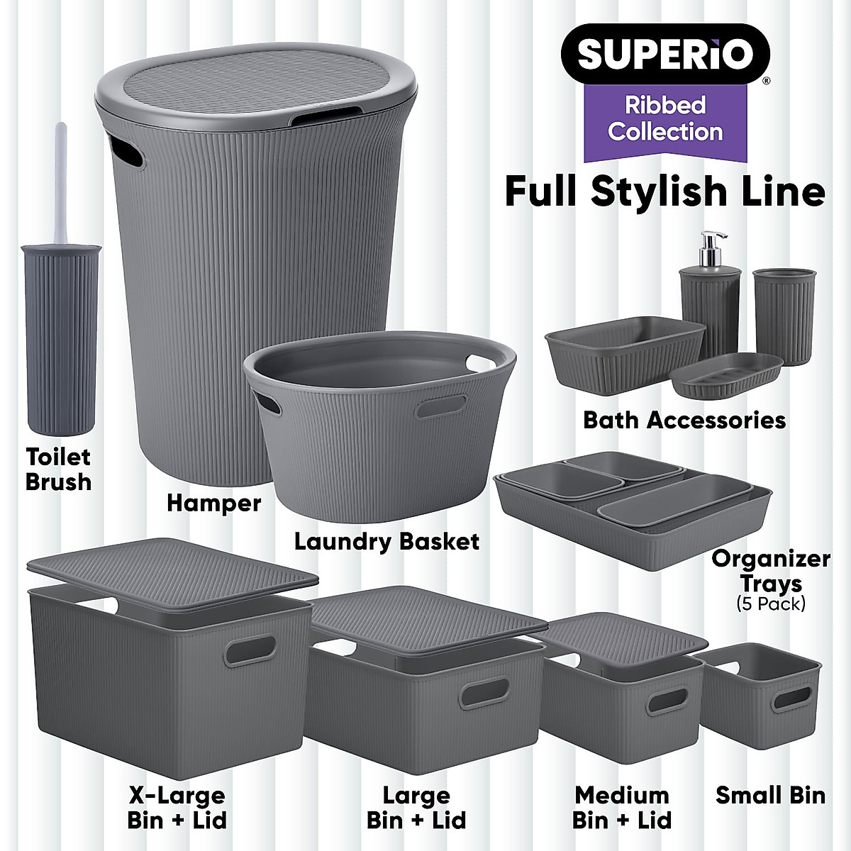 Superio Ribbed Collection - Decorative Plastic Open Home Storage Bins Organizer Baskets, Small Grey (1 Pack) Container Boxes for Organizing Closet Shelves Drawer Shelf 1.5 Liter
