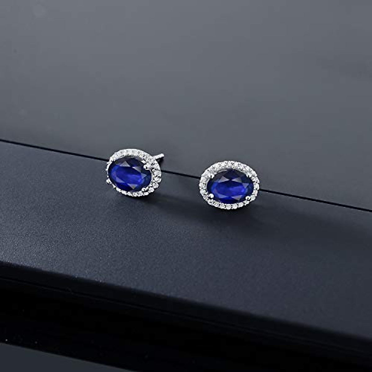 Gem Stone King 10K White Gold 7X5MM Oval Gemstone Birthstone and White Diamond Halo Earrings | White Gold Earrings for Women