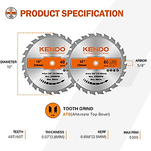 KENDO 2-Pack 10 Inch 40T&60T Carbide-Tipped Circular Saw Blade with 5/8 Inch Arbor, Professional ATB Finishing Woodworking Miter/Table Saw Blades for Plywood, Laminate, Ripping Wood