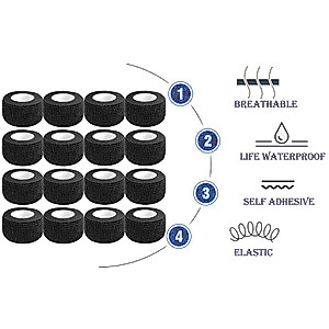 Self Adhesive Bandage Wrap,1 Inch 5 Yards 16 Pack Black Elastic Flexible Cohesive Bandages, Vet Wrap Tattoo Sports Tape Bulk for First Aid Supplies (Black)