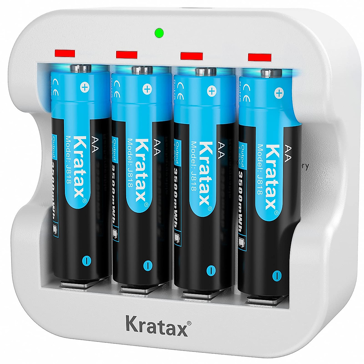 Kratax Lithium Batteries AA Rechargeable 4 Count 1.5V 3500mWh Li-ion Rechargeable Batteries with 2H Battery Charger, 1600 Cycles Long-Lasting, Constant Voltage Output for XBox Controller, Electric Toy