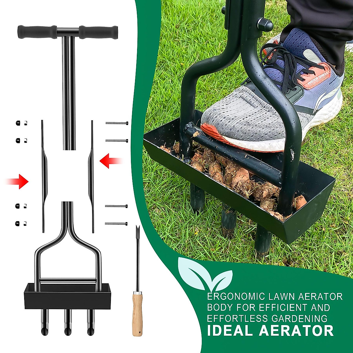 vanpein Lawn Aerator Coring Garden Tool with Soil Core Storage Tray, Manual Yard Plug Aerators & Clean Tool, Grass Aeration Gardening Tools with 3 Tines for Lawn Care, Compacted Soil, 37.6”