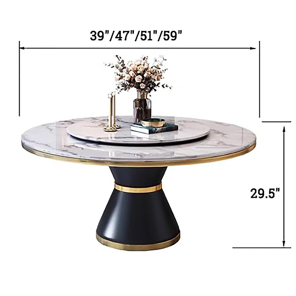 Topjia Round Marble Dining Table with Lazy Susan,Luxury Style Kitchen & Dining Room Tables with Metal Base,Modern Circular Pedestal Dining Table - Table Only(59" L x 59" W x 29.5" H, Black)