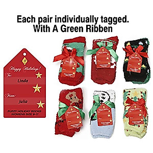 Gilbins Womens Soft Fuzzy Sock, Holiday Christmas Slipper Socks, holiday stocking stuffers, Snowflake Fuzzy Socks, 6 Pack, Size 9-11