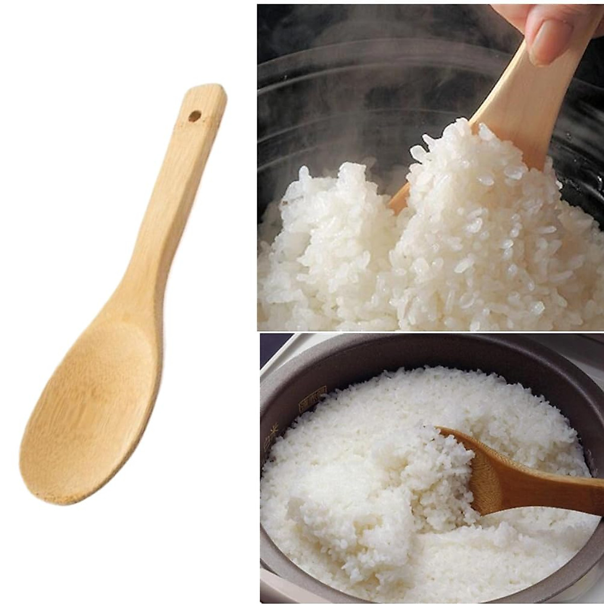 9 Inch Bamboo Rice Scoops Paddles, Wooden Non-stick Rice Spatula, Large Wood Serving Salad Spoons Scooper for Cooking, Stirring Soup, Sushi Kitchen Utensil Set (3 Pack)