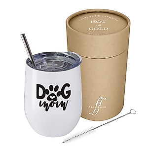 Fancyfams - Dog Mom - 12 oz Stainless Steel Stemless Wine Tumbler with Lid and Straw (Dog Mom - White)