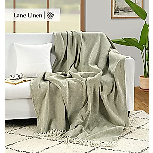 LANE LINEN Super Soft Throw Blanket for Couch & Bed - Classic Herringbone Weave with Tassel Cotton Lightweight Breathable Durable Cozy Warm – Pack of 2 50”x70” Sage Green