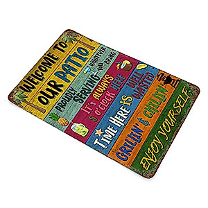 Larkverk Welcome to Our Patio Metal Tin Sign for Home Wall Decor Proudly Serving Whatever You Bring, Backyard Signs for Farmhouse Home Party Coffee Shop