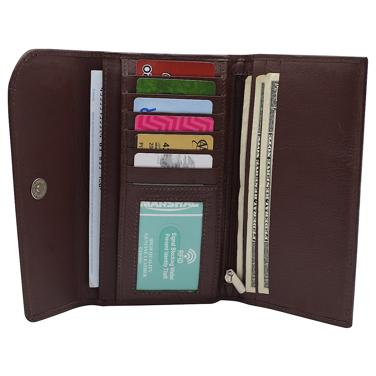 MARSHAL Women's Genuine Leather RFID Trifold Checkbook Slim Wallet for Ladies (Brown)