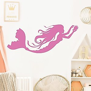 MEFOSS Giant Large Mermaid Wall Decal Wall Stickers Decorative Peel & Stick Mermaid Wall Decor Art for Girl's Bedroom Nursery Bathroom Decoration, Pink Color, 34" (W) × 14"(H)