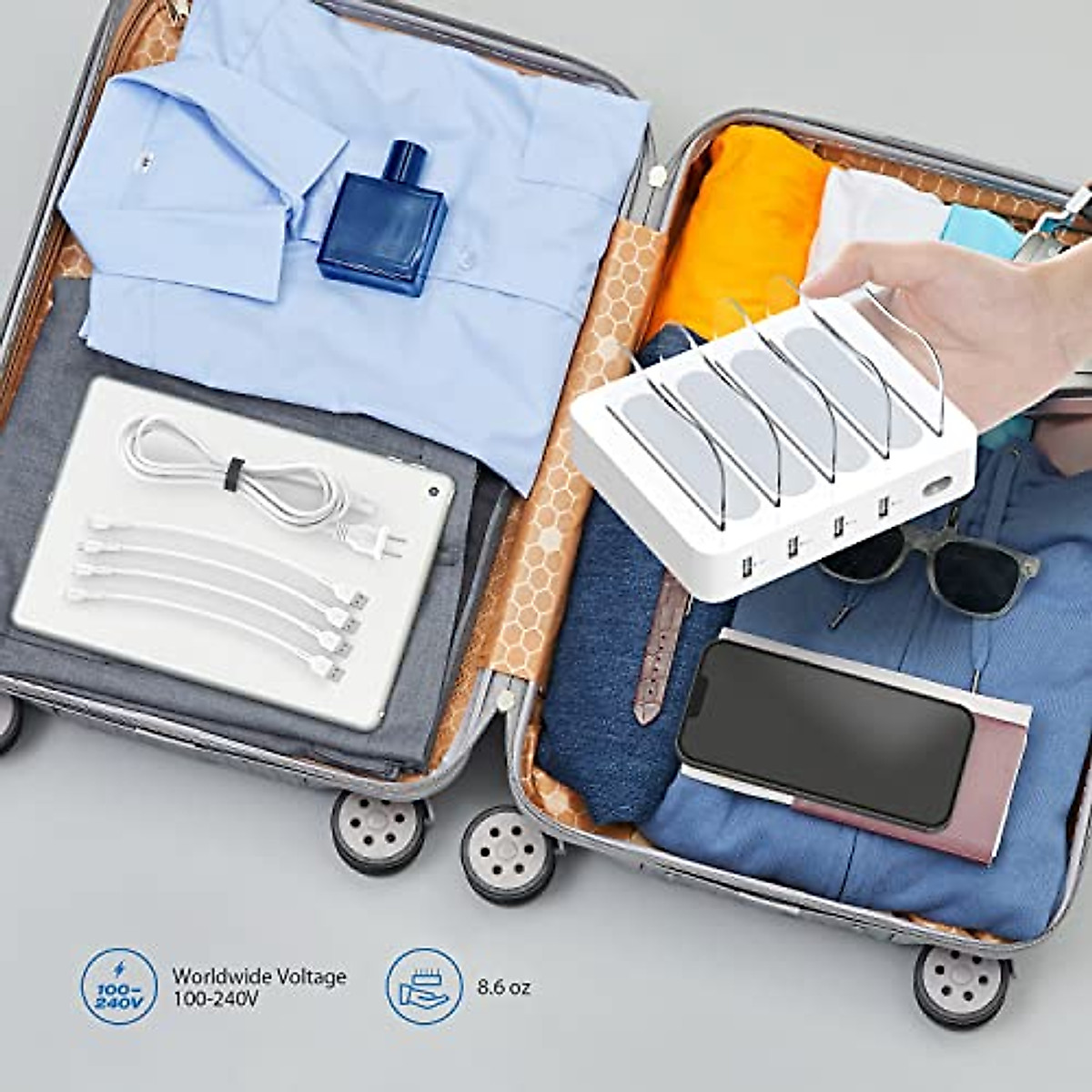 SooPii Charging Station for Multiple Devices, 4-Port Charger Station with 4 Mixed Charging Cables Included,for Home,Office,Travel