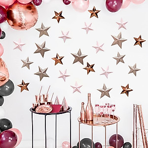 Tenshun 24pcs Reusable Paper Star Wall Decor, Rose Gold, Metallic, Baby Pink for Nursery, Bedroom Decor