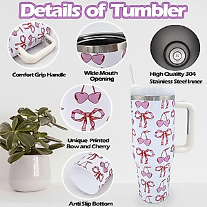 BEGOOD Tumbler with Handle and Straw Lid 100% Leak-proof Travel Coffee Mug Stainless Steel Insulated Cup for Beverages 40OZ Bow Print