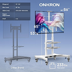 ONKRON Mobile TV Stand on Wheels for 50-86 Inch TVs up to 200 lbs, Height Adjustable TV Stand Portable max VESA 800x500 TV Moving Stand/Rolling, Mobile TV Cart with Shelves White
