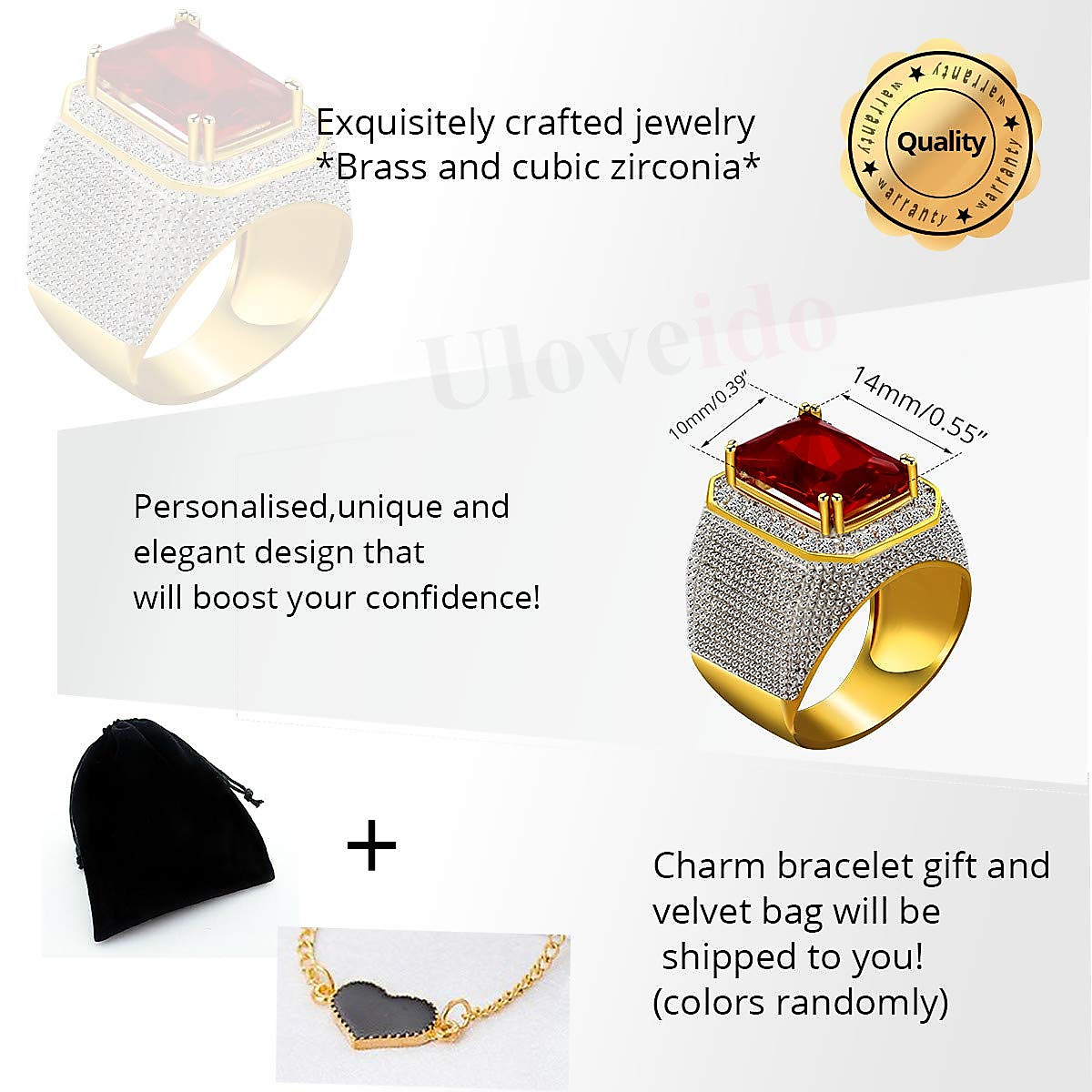 Uloveido Men's Emerald Cut Red Cubic Zirconia Ring with Wide Band Dainty Birth-stone Ring Birthday Father's Day Gifts Idea for Men Husband (Size 12) RA408